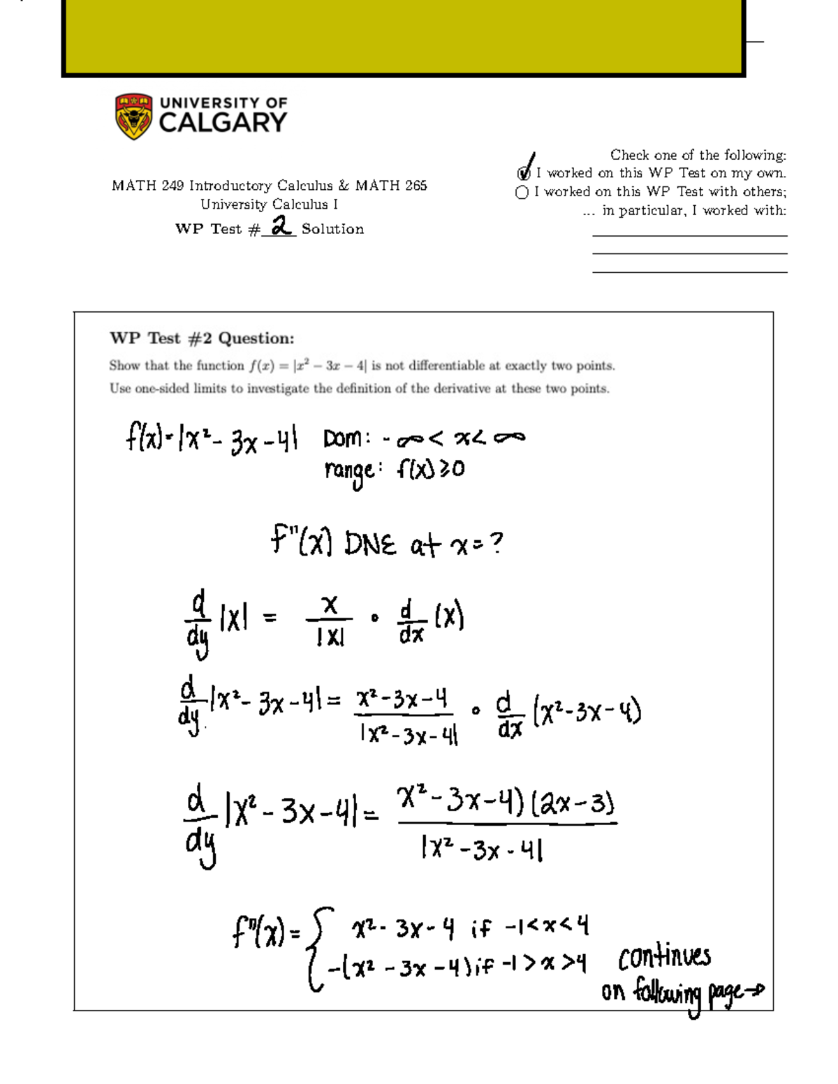 WP Test #2 2020. Fall - Name: UCID: MATH 249 Introductory Calculus ...