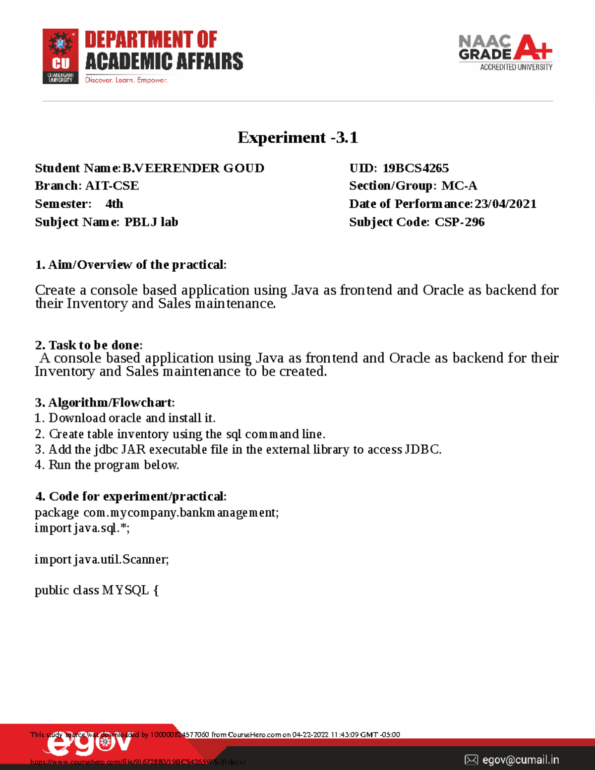 19BCS4265 WS 3 - this is the practical worksheet of the subject java ...