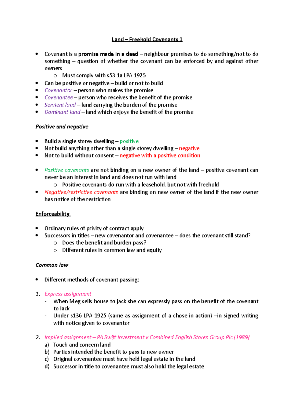 Land – Freehold Covenants 1 - Land – Freehold Covenants 1 Covenant is a ...