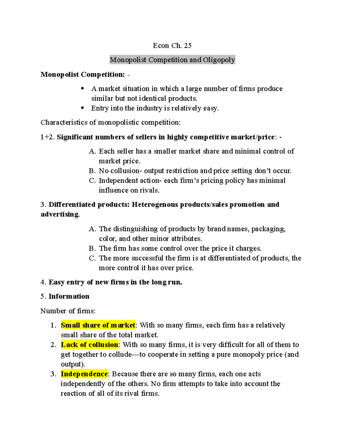 Econ Ch. 25+26 - Notes - Econ Ch. 25 Monopolist Competition and ...