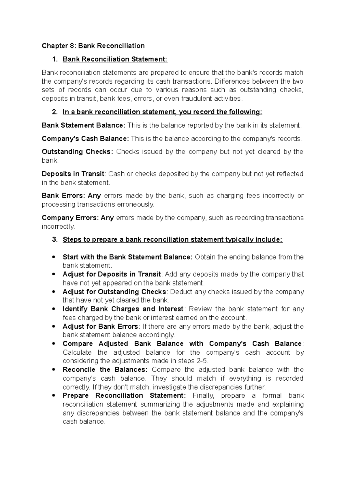 Bank Reconciliation Notes 1 - Chapter 8: Bank Reconciliation 1. Bank ...