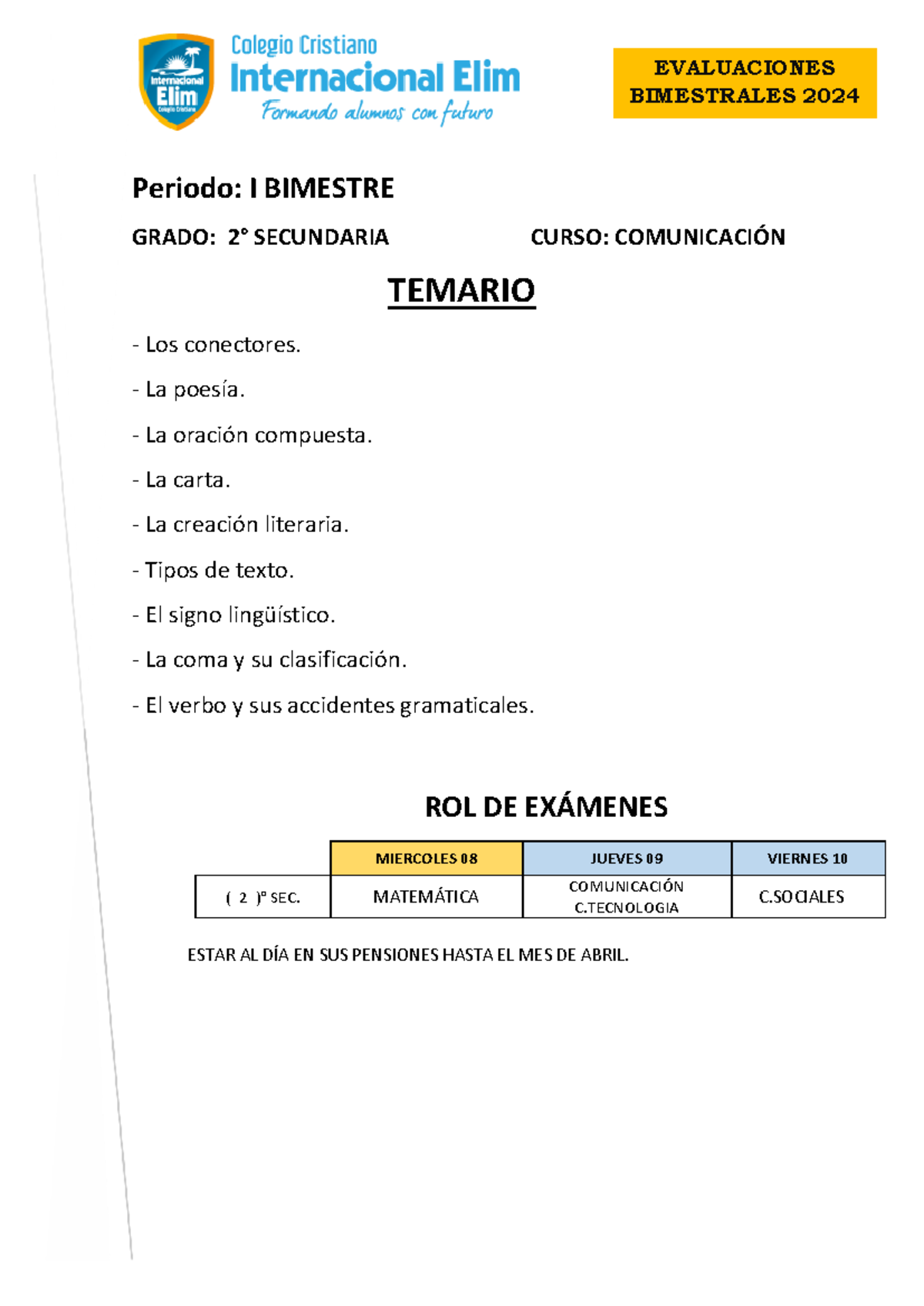 Temario de Comunicación - 2° sec. - Periodo: I BIMESTRE GRADO: 2 ° SECUNDARIA CURSO ...