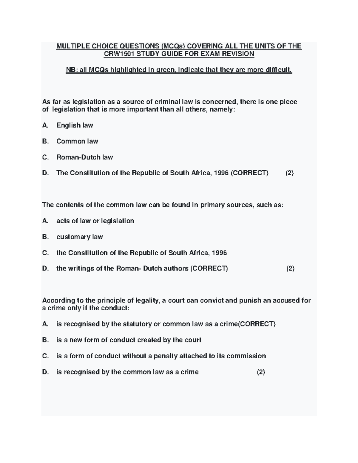 Multiple Choice Questions (MCQs) Covering ALL THE Units OF THE CRW1501 ...