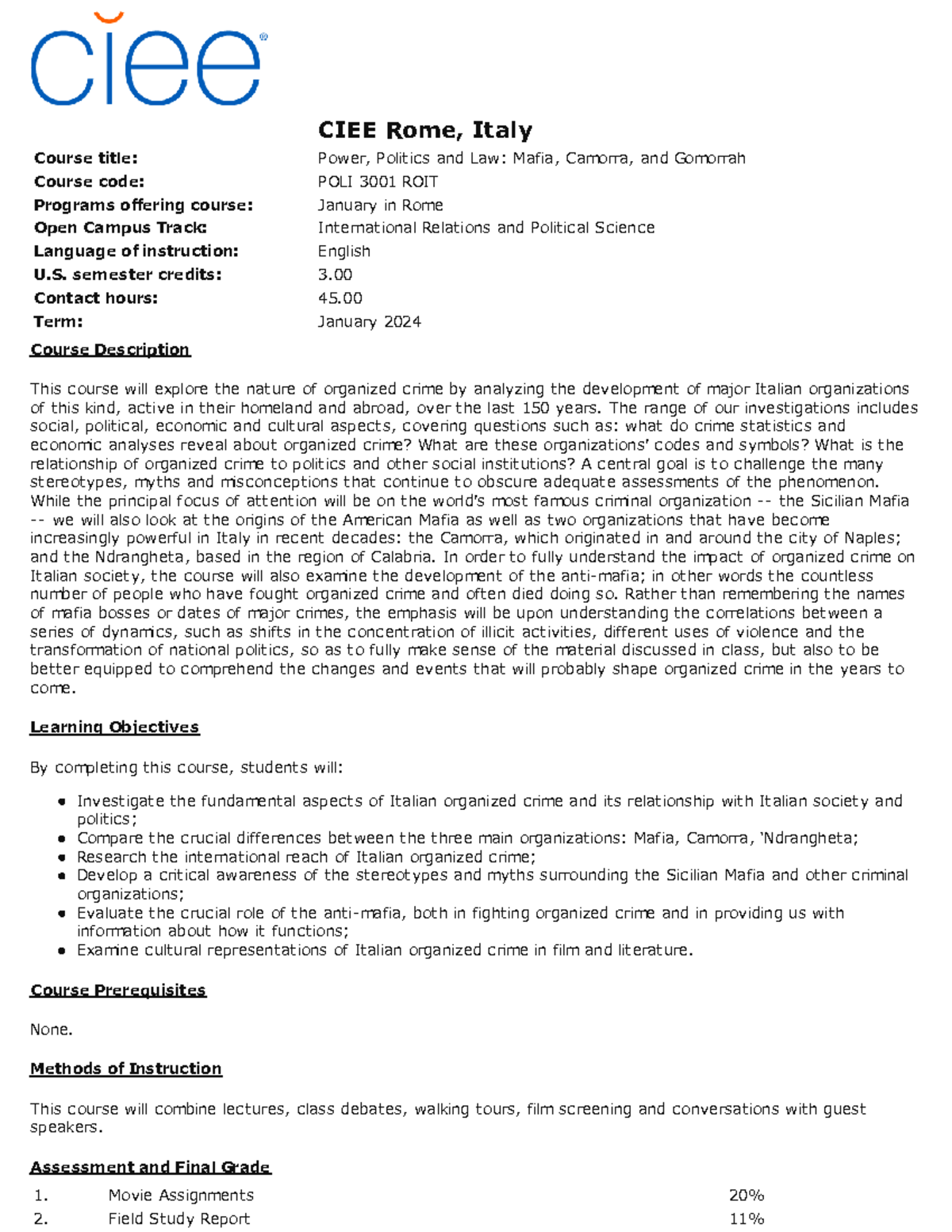 POLI 3001 ROIT - January 2024 - CIEE Rome, Italy Course title: Power ...