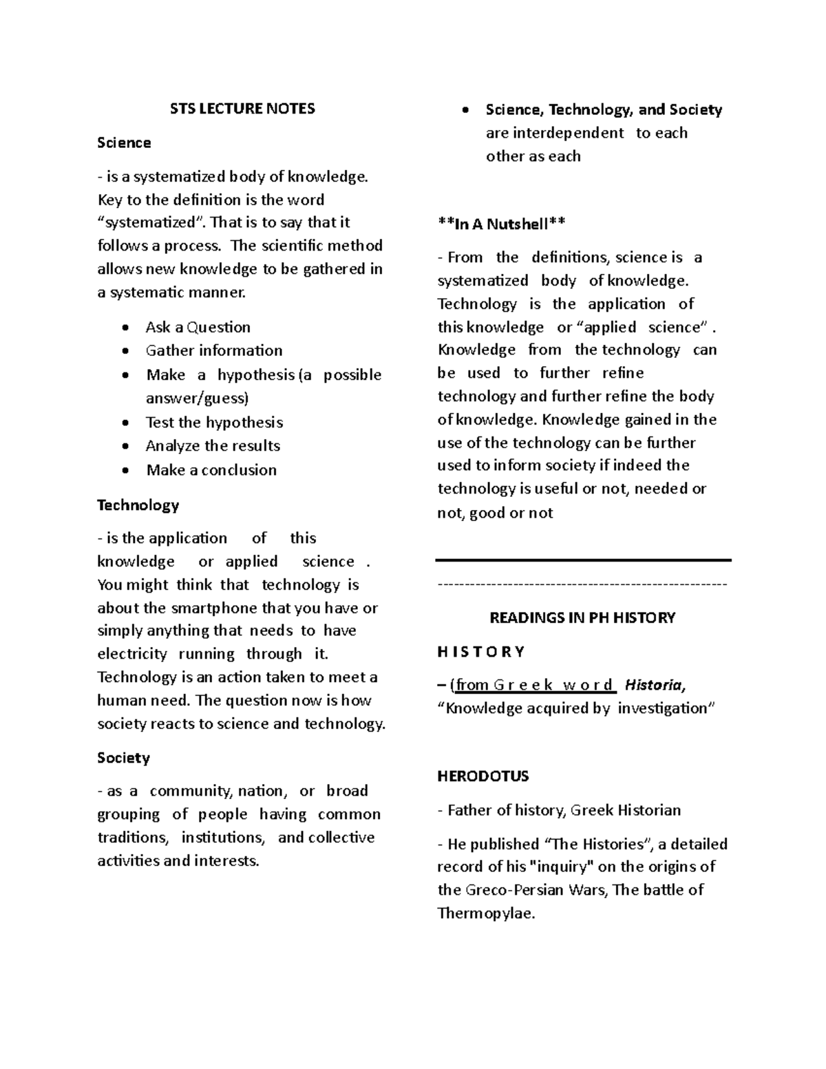 STS Lecture Notes - sts.rph.acctg - STS LECTURE NOTES Science is a ...