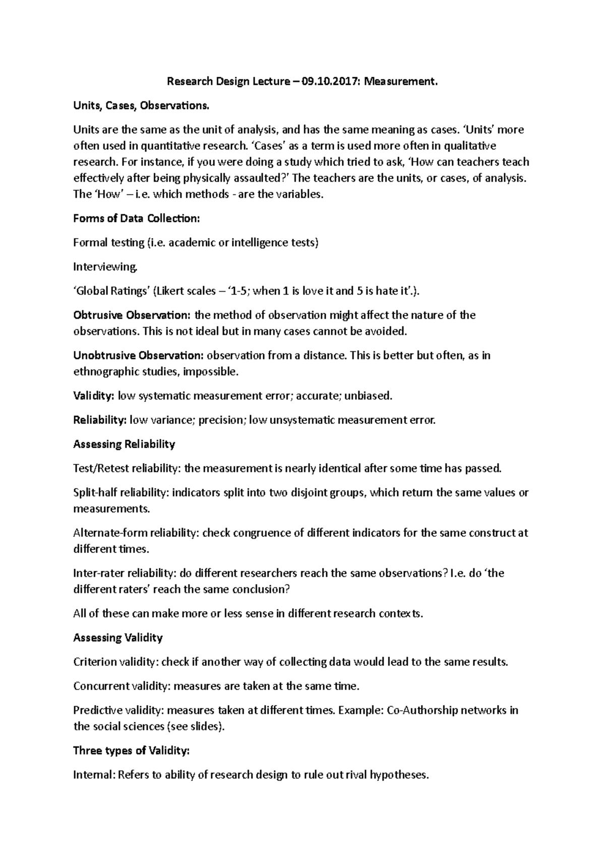 Notes Research Design Lecture 09.10.17 - Research Design Lecture 09.10 ...