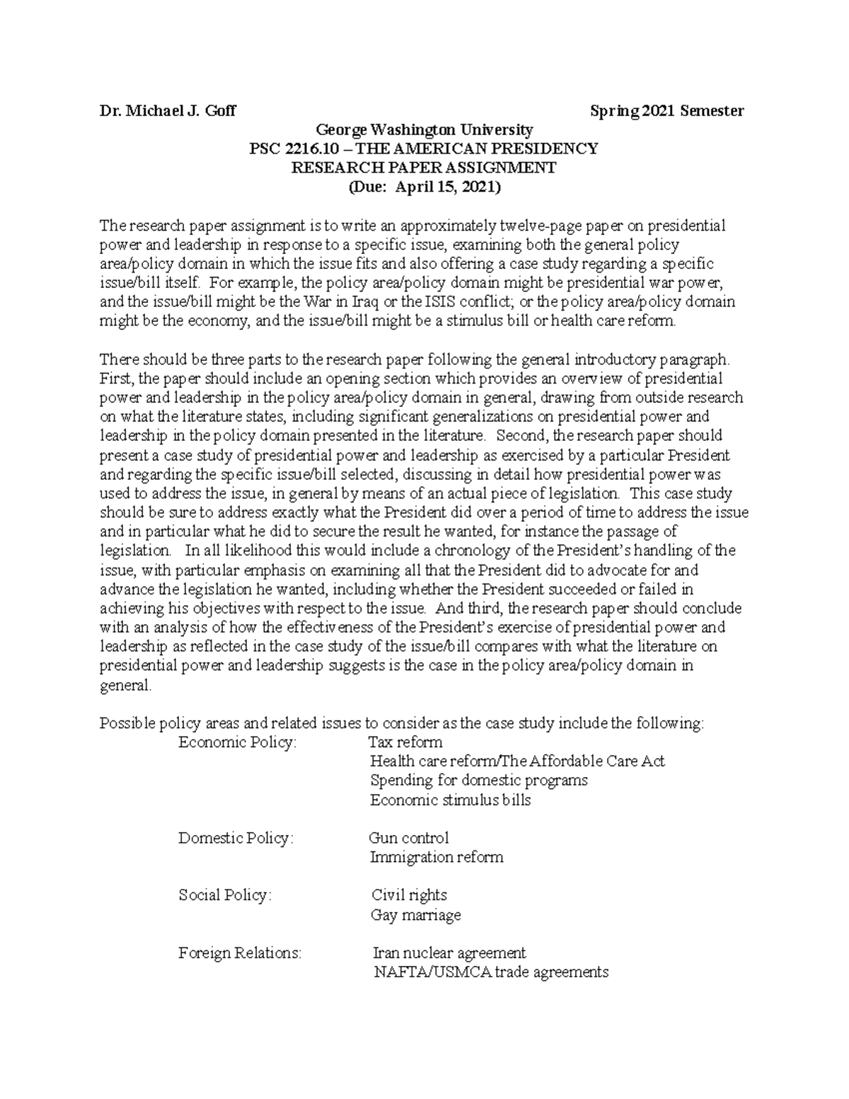 GWU - The American Presidency - Research Paper Assignment - Spring ...
