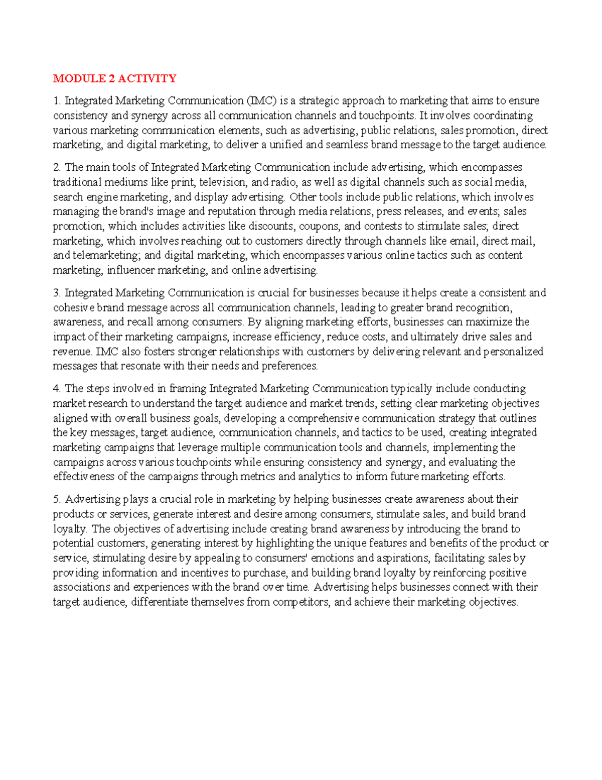 Module 2 Activity Advertising - MODULE 2 ACTIVITY Integrated Marketing Communication (IMC) is a ...