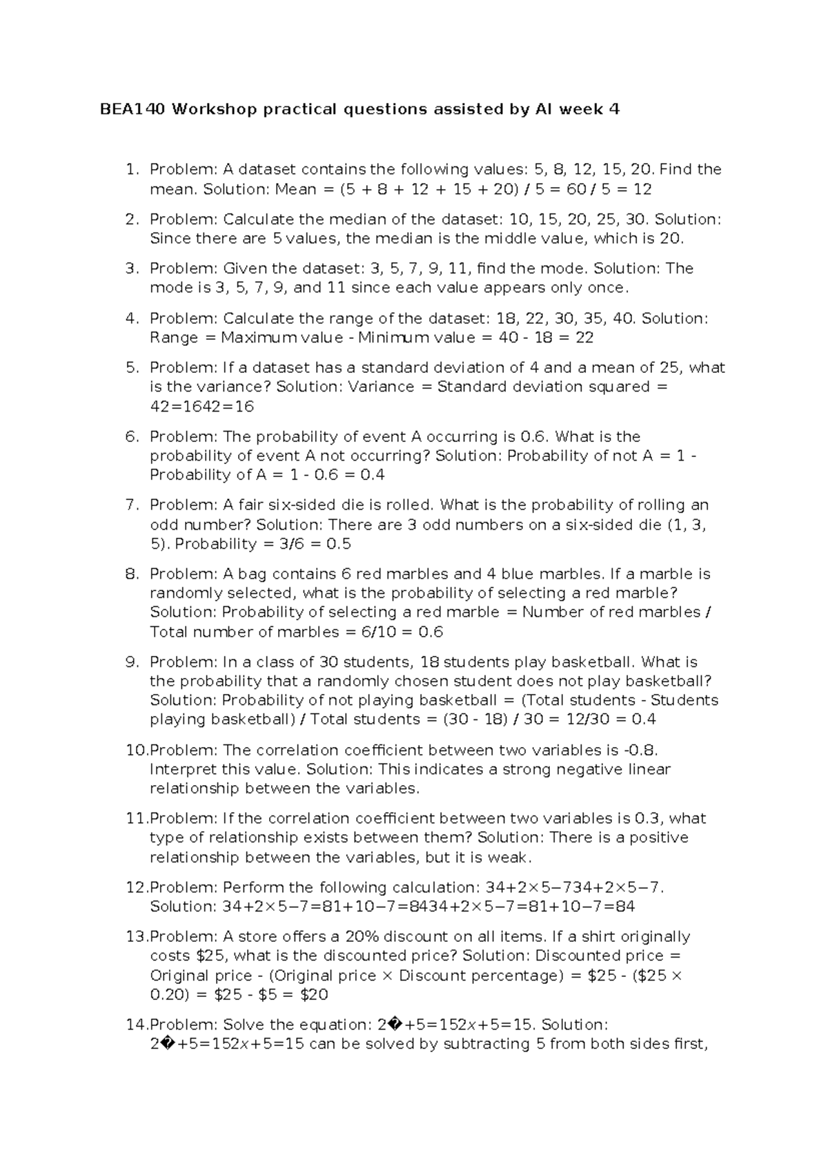 BEA140 - Practice Questions 4 - BEA140 Workshop practical questions assisted by Al week 4 1 ...