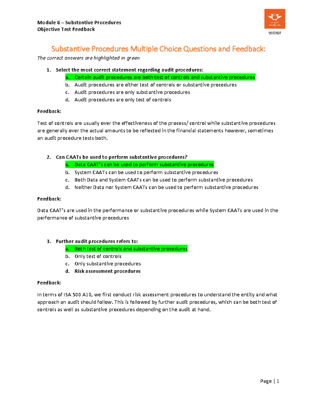 Module 6 - Substantive Procedures Objective Test Feedback - Objective ...