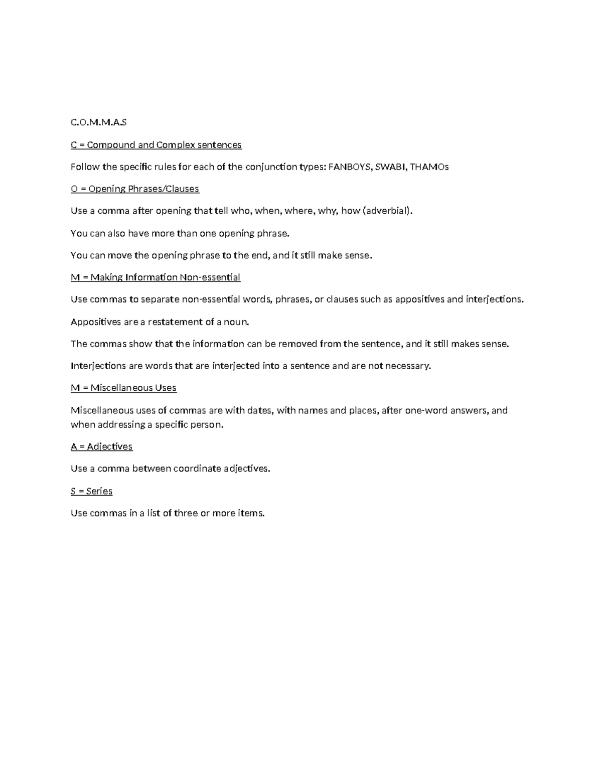 Commas - skibdi - C.O.M.M.A C = Compound and Complex sentences Follow ...