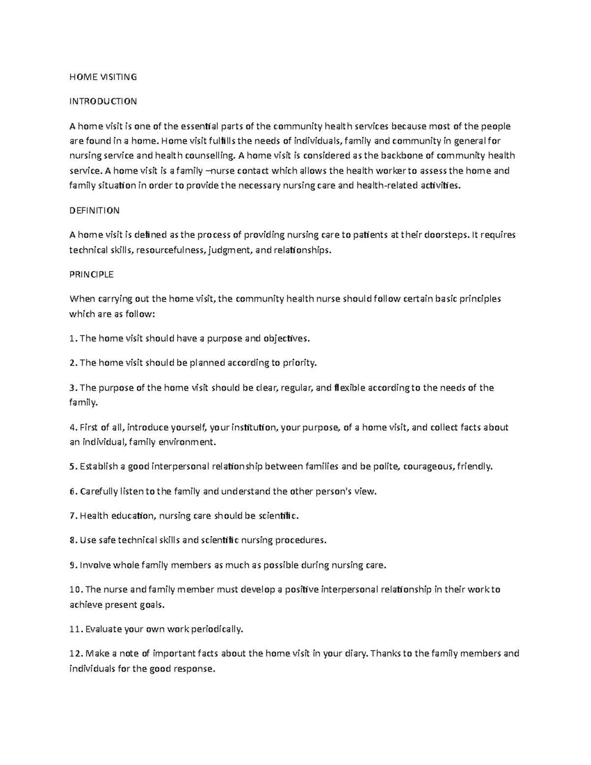 HOME- Visiting-notes - HOME VISITING INTRODUCTION A home visit is one ...