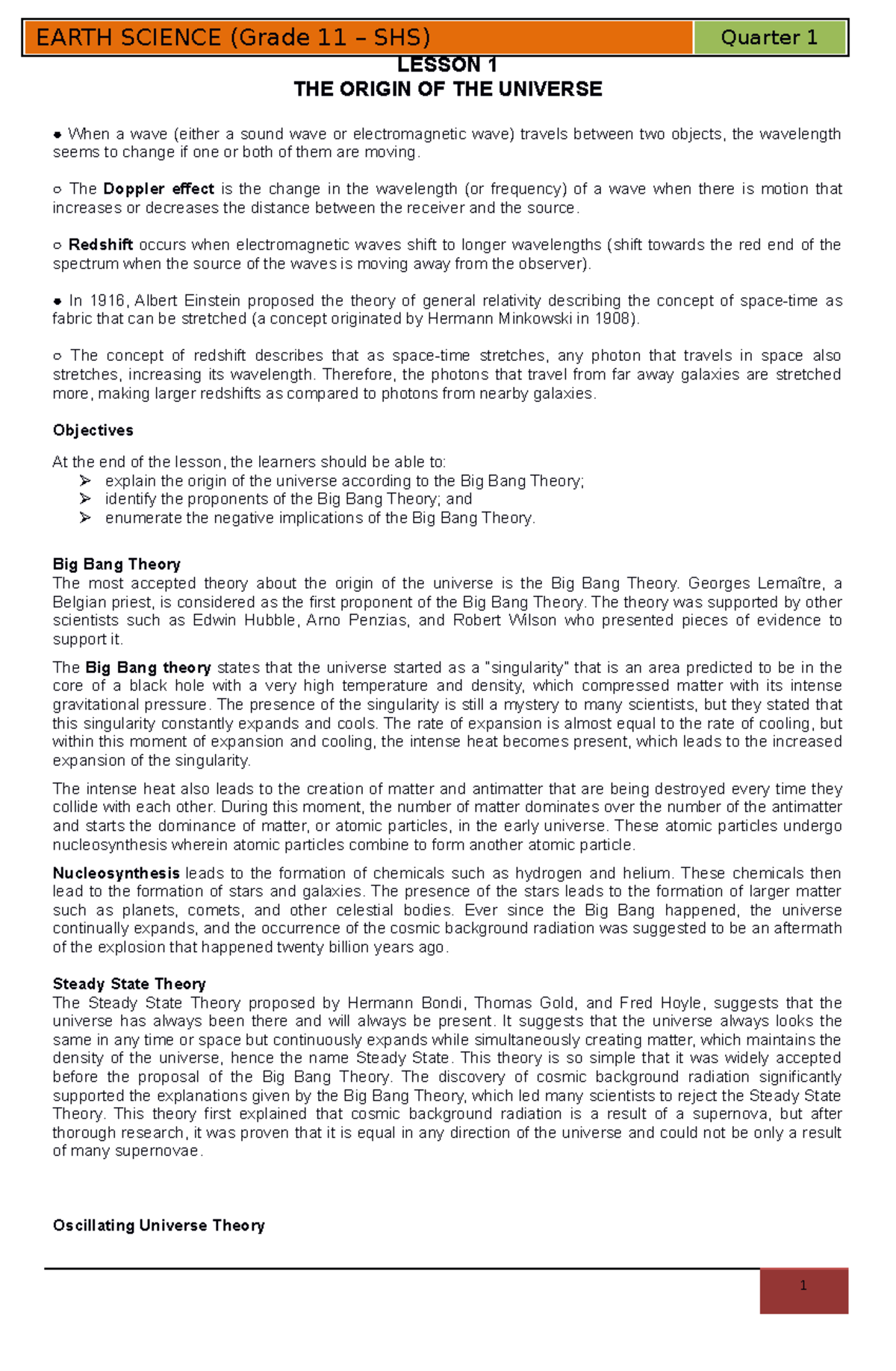 ES-STEM-Handout-Lesson-1-6 - LESSON 1 THE ORIGIN OF THE UNIVERSE When a ...