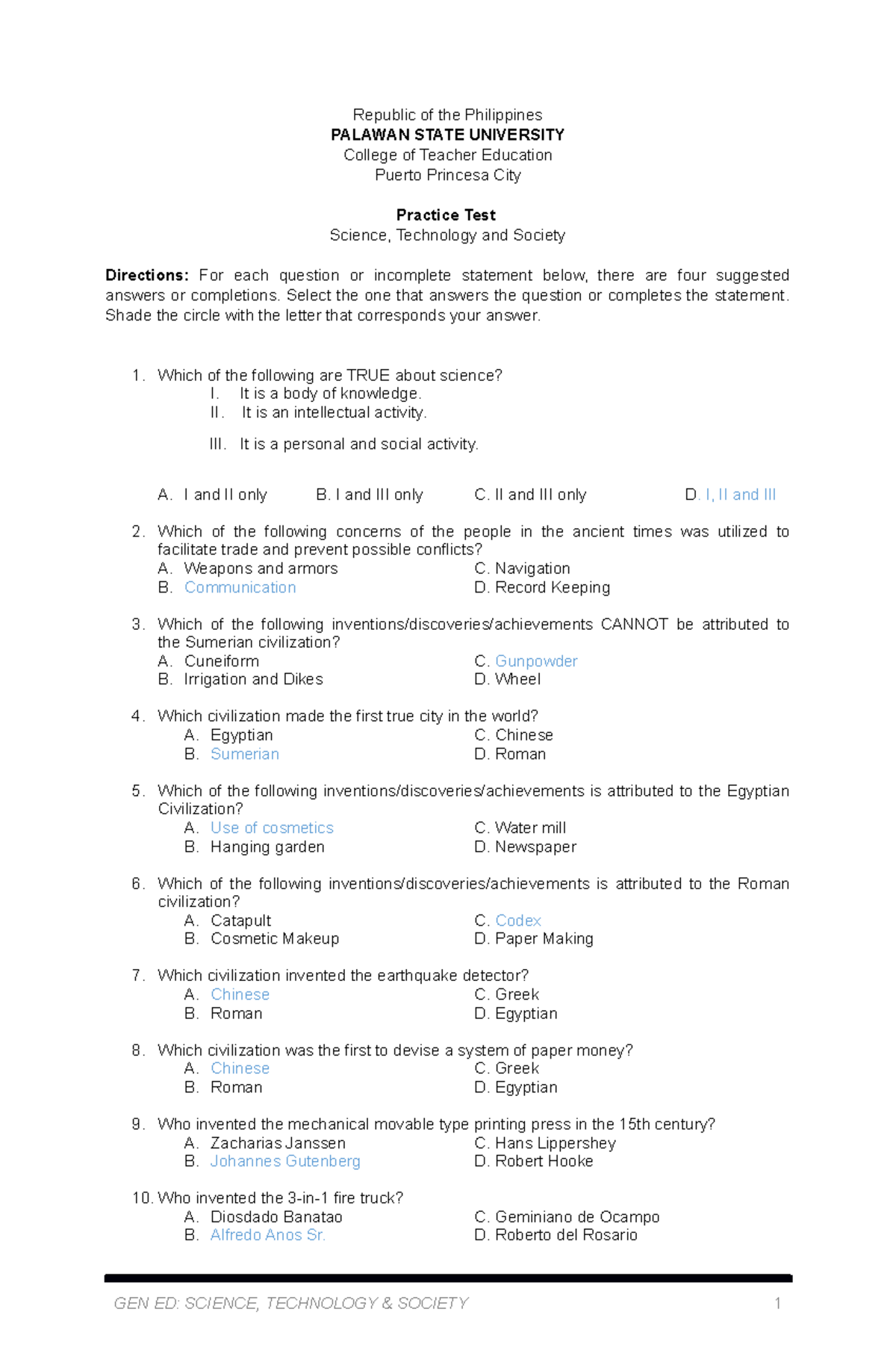 Answer GE-STS-Practice-test - Republic of the Philippines PALAWAN STATE ...