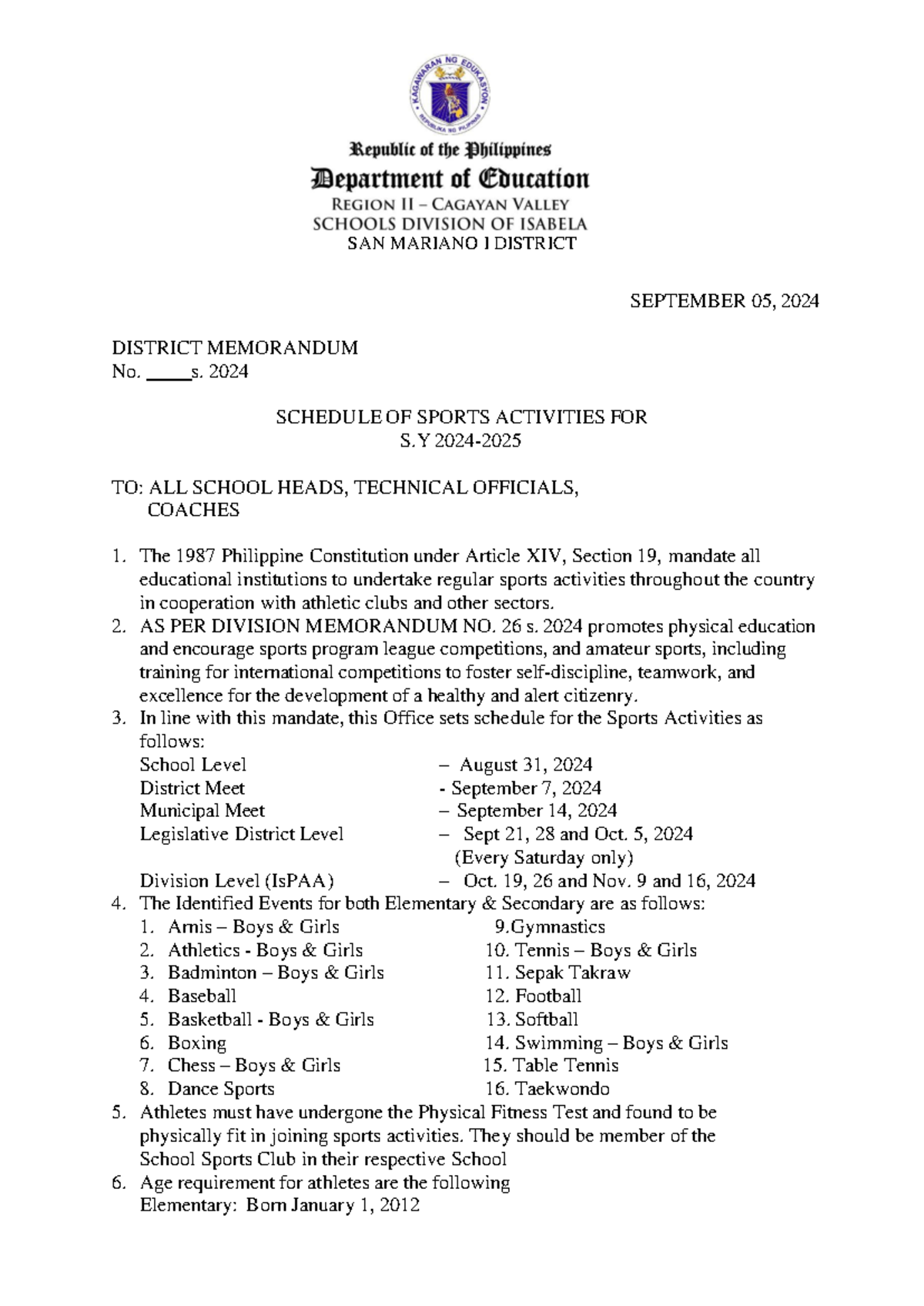 District Meet Memo 2024-2025 - SAN MARIANO I DISTRICT SEPTEMBER 05 ...