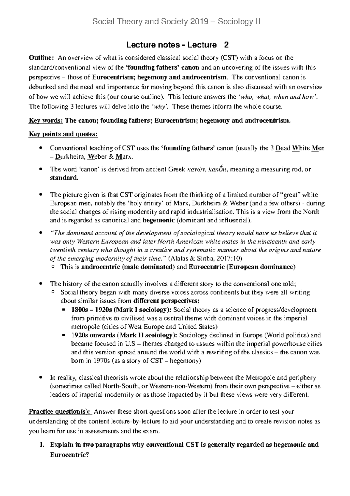 Lecture 2 student notes - Social Theory and Society 2019 – Sociology II ...