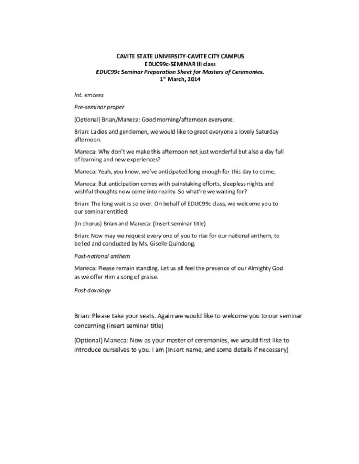 Sample Script - teacher education - Studocu