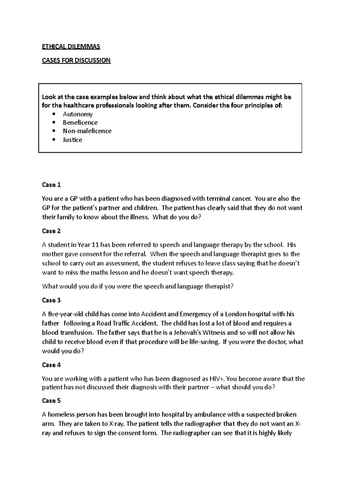 Tutorial 7 Cases FOR Discussion - ETHICAL DILEMMAS CASES FOR DISCUSSION ...