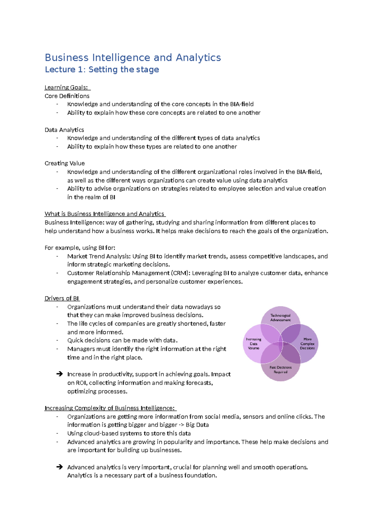 Summary exam BIA - Business Intelligence and Analytics Lecture 1 ...