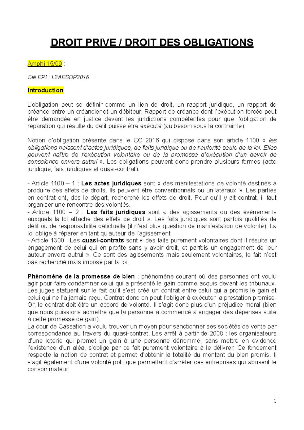 CM droit privé - DROIT PRIVE / DROIT DES OBLIGATIONS Amphi 15/09 : Clé ...
