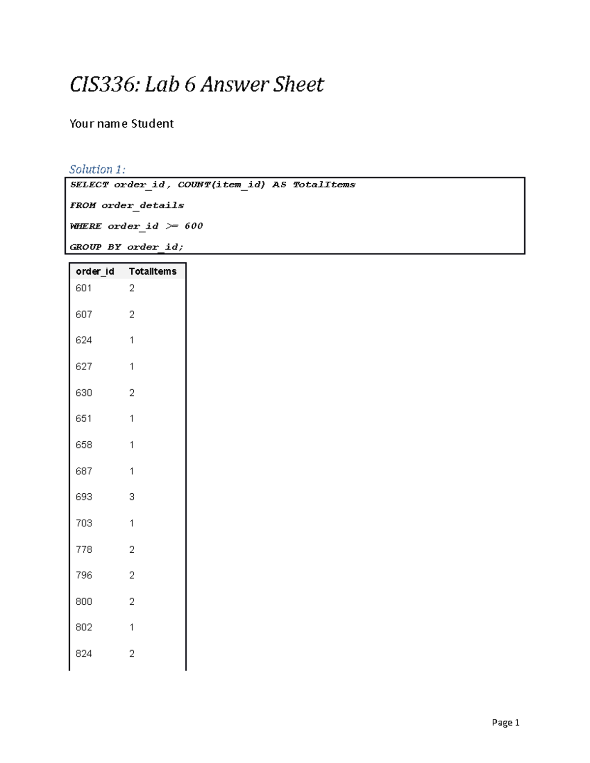 CIS336 Lab6 Solutions SD - CIS336: Lab 6 Answer Sheet Your name Student Solution 1: SELECT order ...