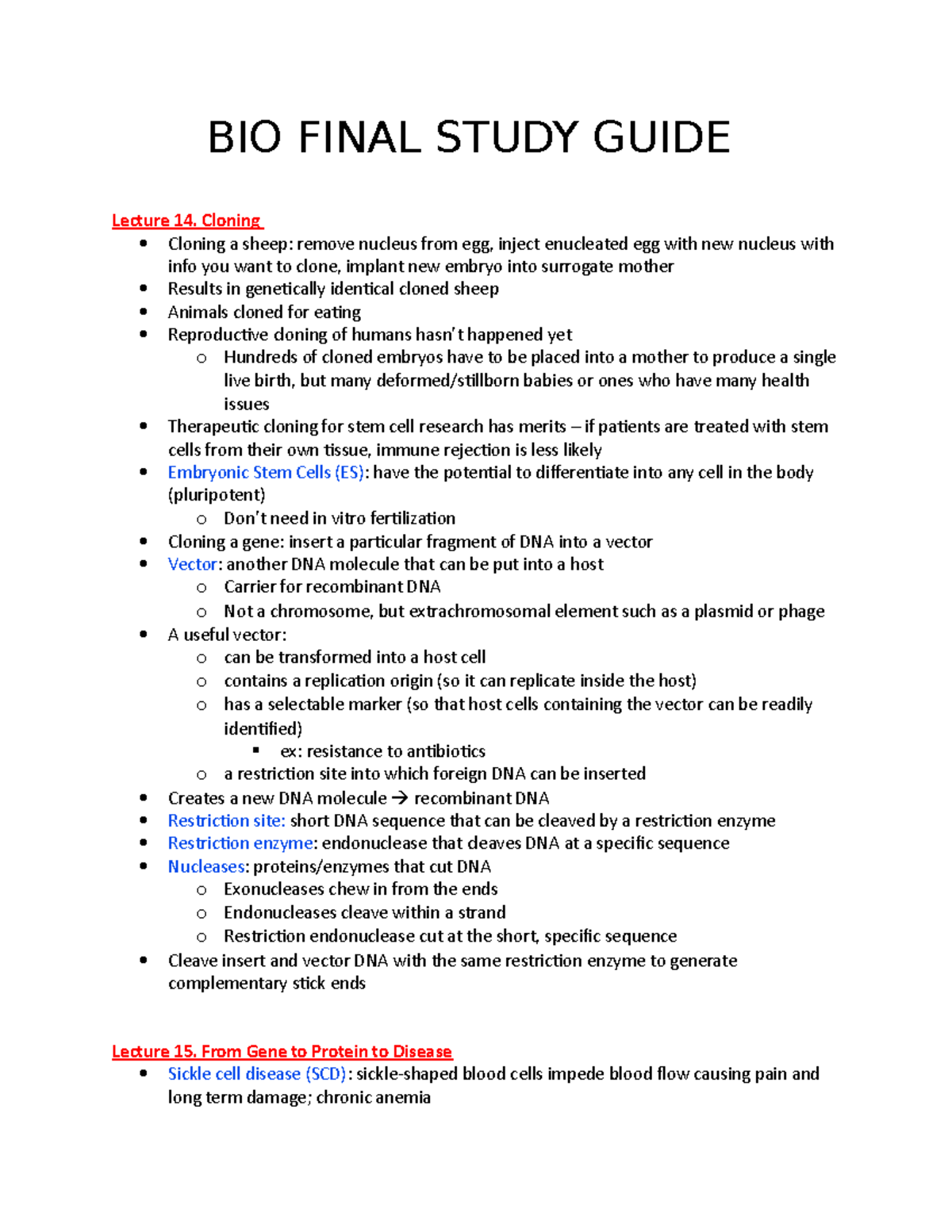 Bio 97 Final Study Guide - BIO FINAL STUDY GUIDE Lecture 14. Cloning ...