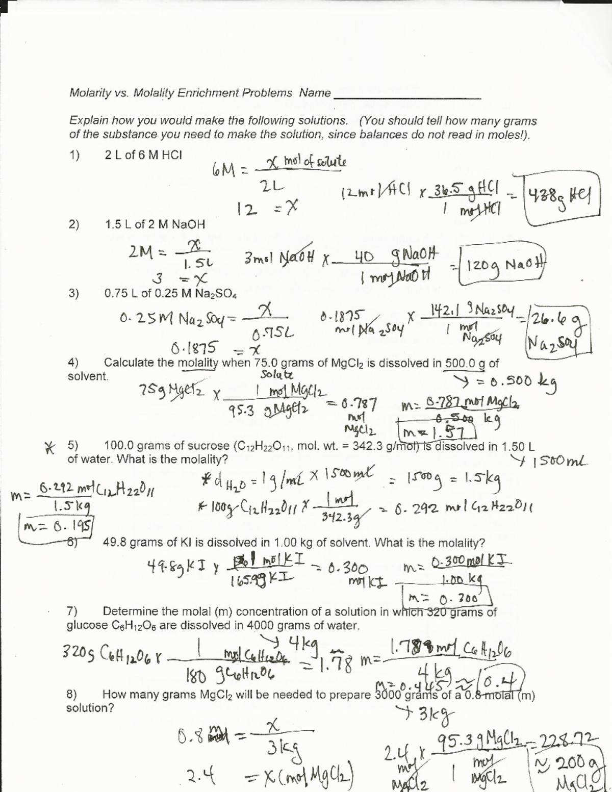 Molality vs. molarity practice problems-key - Analytical Chemistry ...