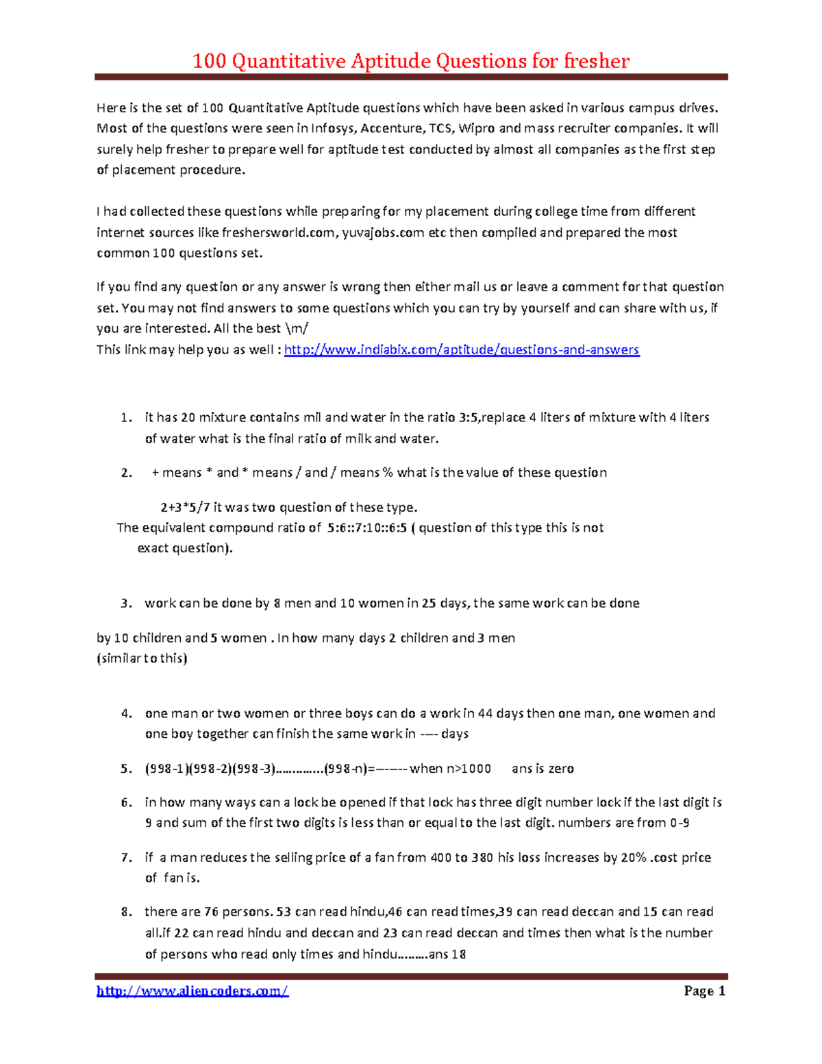 100 quant questions - For Interview preparations - Here is the set of ...