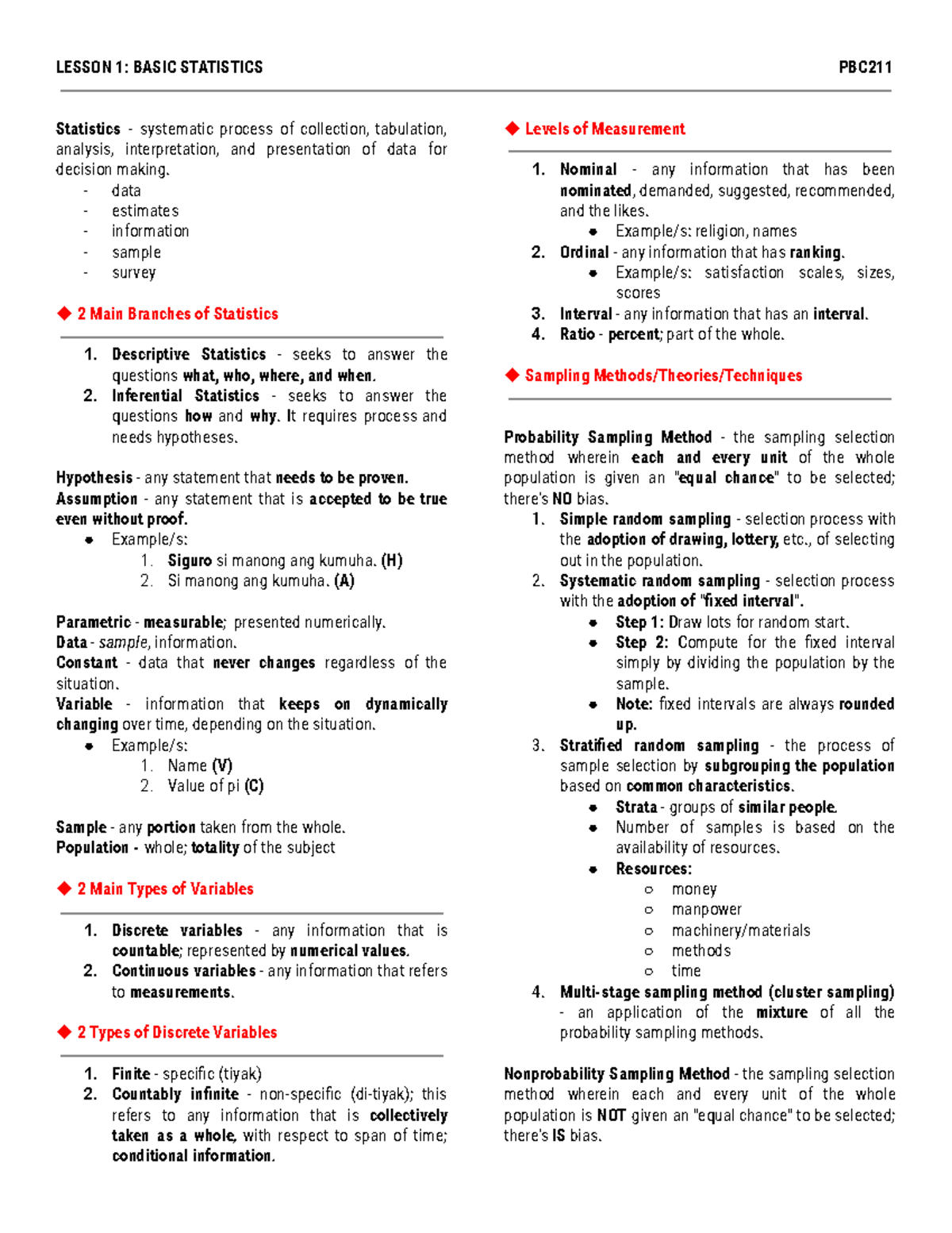 PBC211 - Lesson 1 - LESSON 1: BASIC STATISTICS PBC Statistics ...