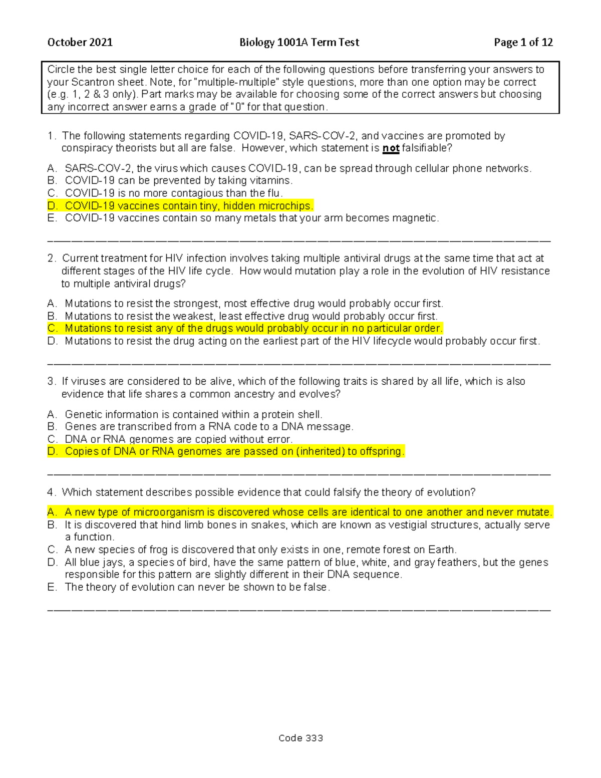 Bio 1001 A+Oct+Test+Code+333 - Circle the best single letter choice for ...