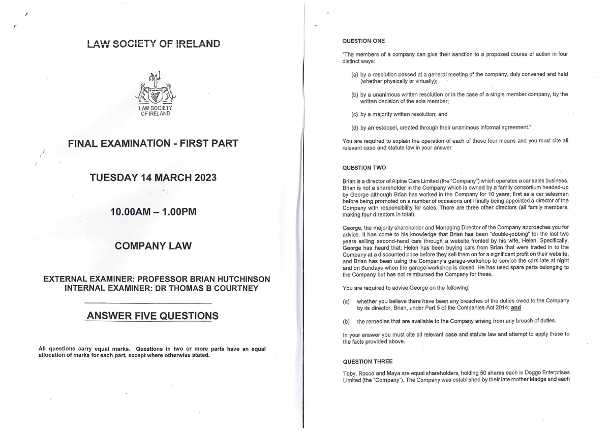 Company Law FE1 past papers March 2023 - 2014 - Company Law II - Studocu