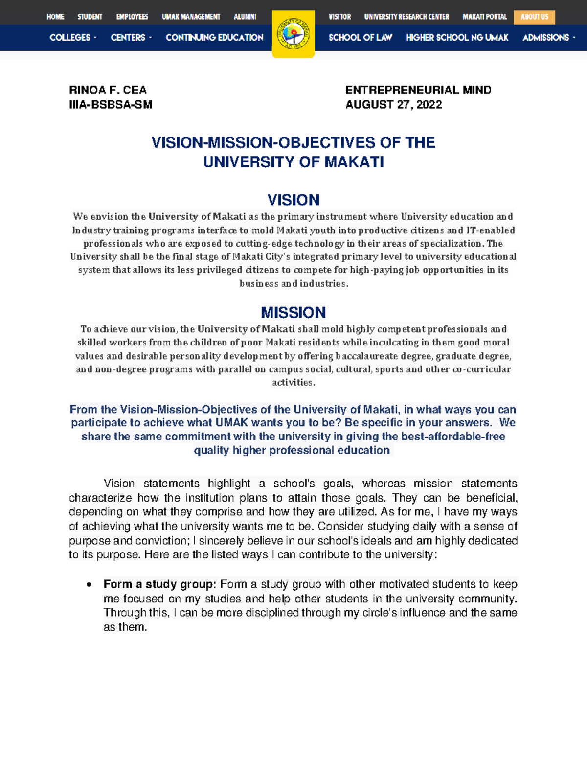CEA, Rinoa F.- Vision-Mission-Objectives of the University of Makati ...