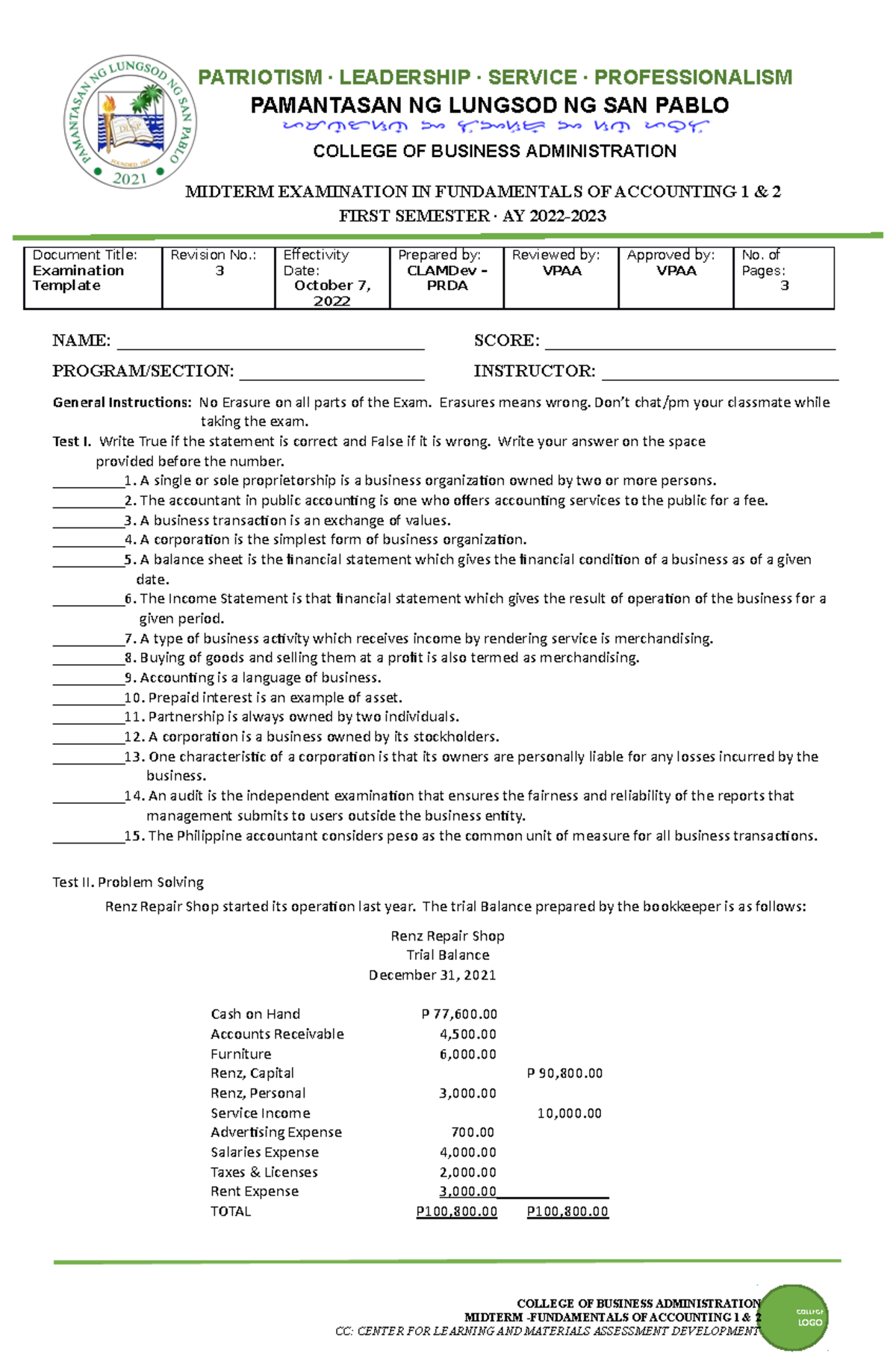 Cbmec 1 Examination Template Rev3 100722 - Document Title: Examination ...