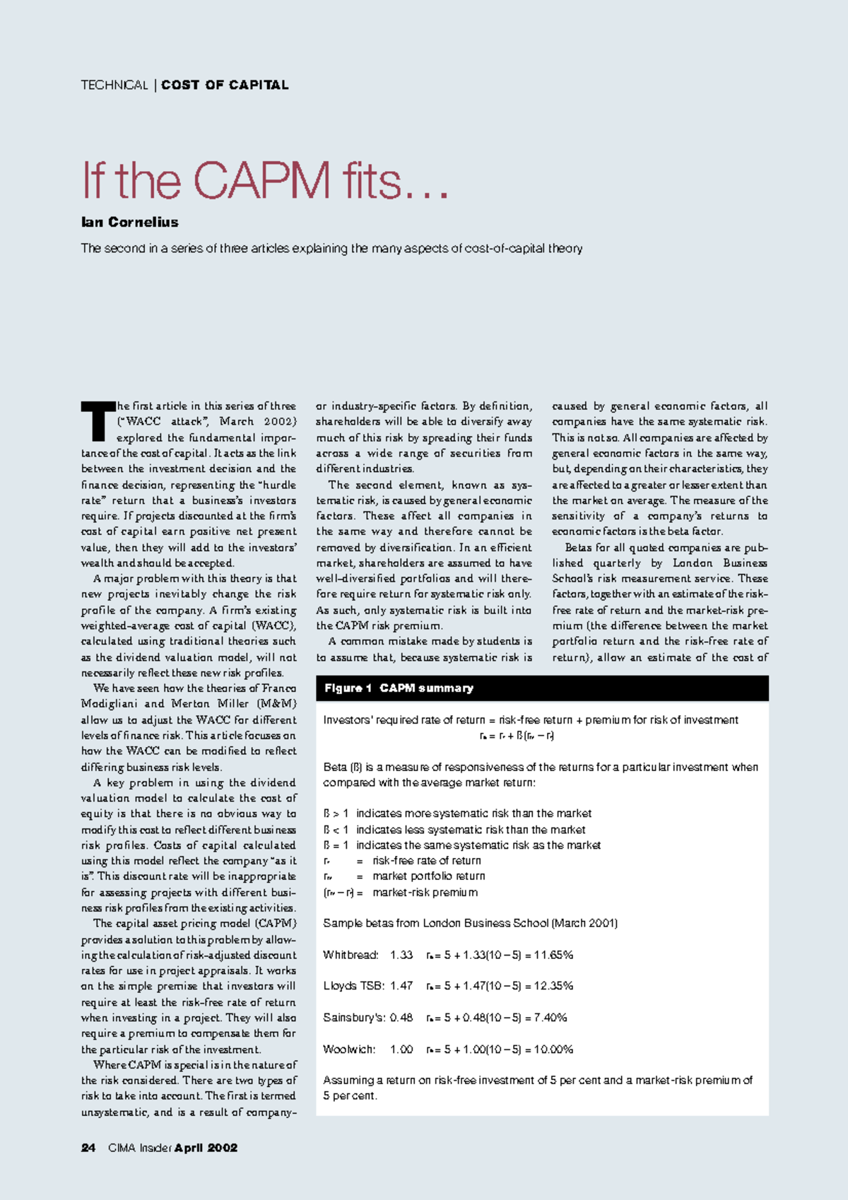CIMA Article - 2 - Cost of Cap (CAPM) - Ian Cornelius - TECHNICAL ...