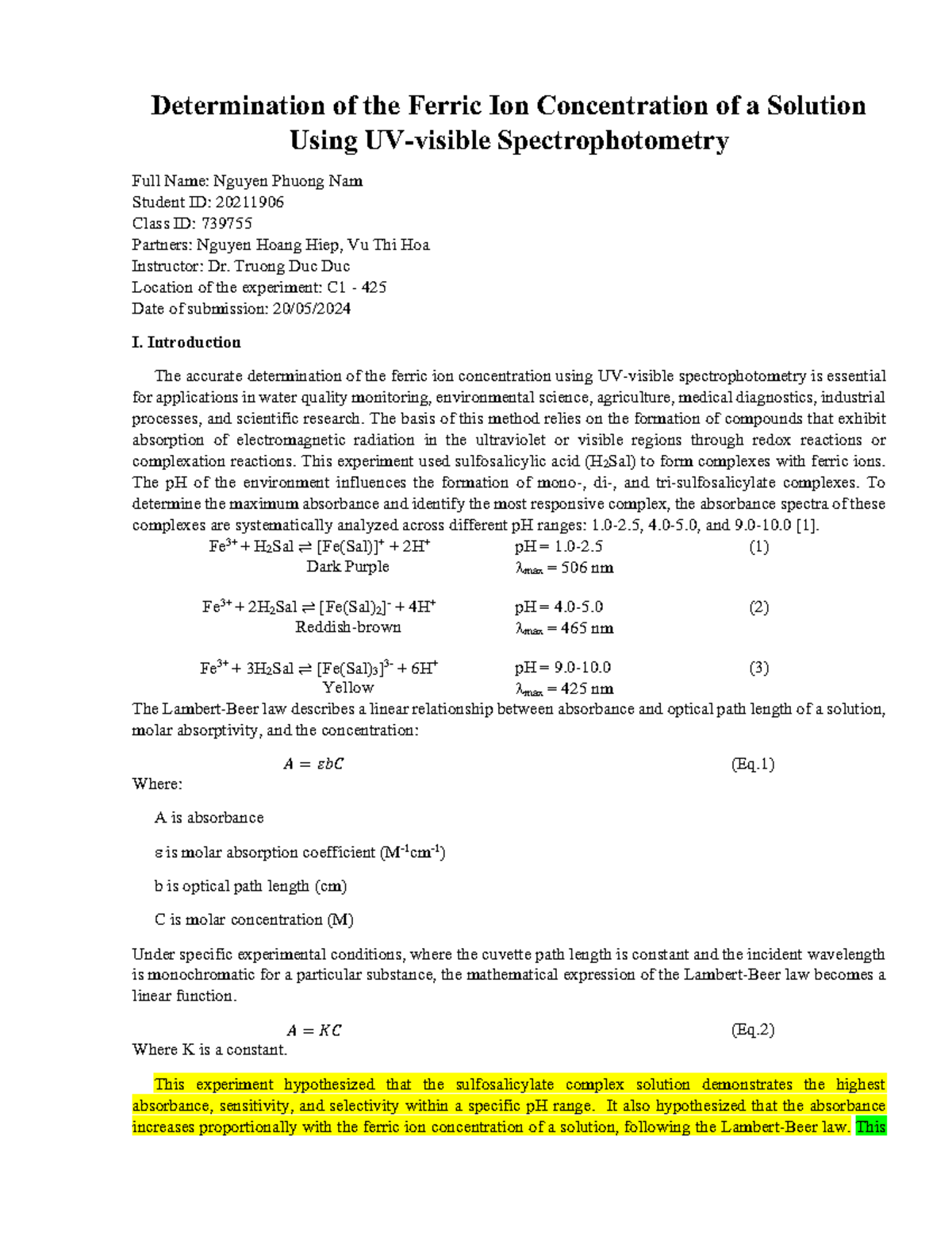 Nguyen Phuong Nam 20211906 Midterm 1 - Determination of the Ferric Ion ...