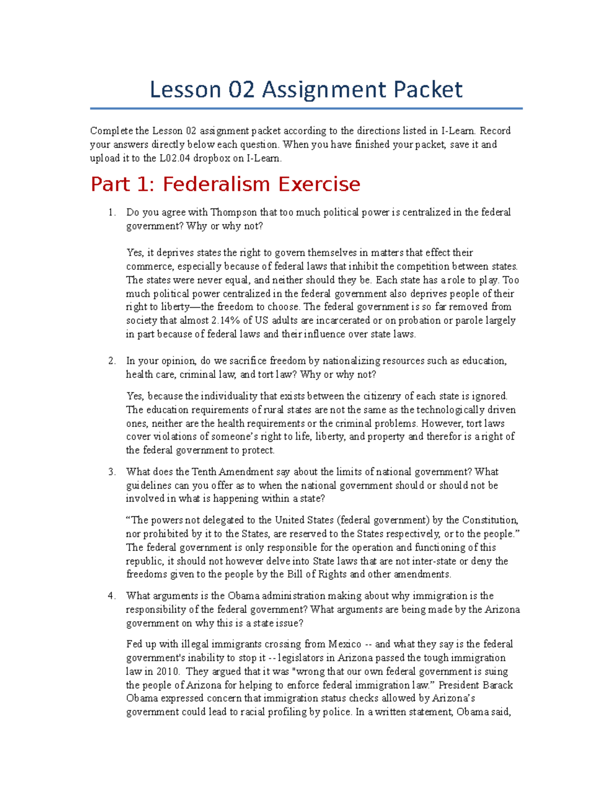 Pol110 Lesson 02 Assignment Packet - Lesson 02 Assignment Packet Complete the Lesson 02 ...