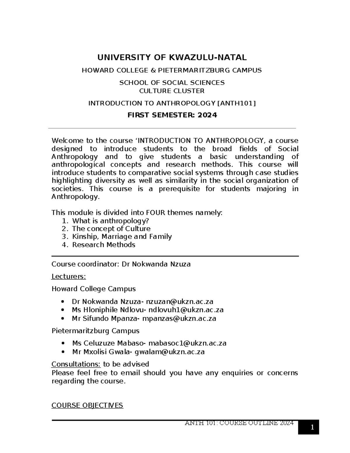 ANTH 101 Course Outline - UNIVERSITY OF KWAZULU-NATAL HOWARD COLLEGE ...