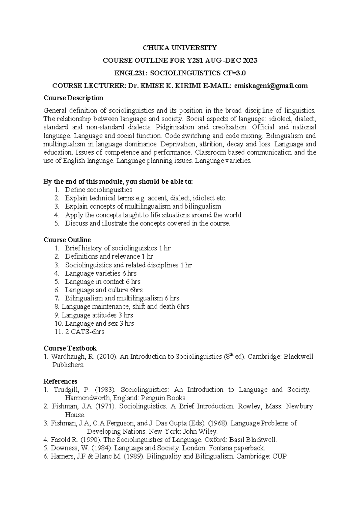 ENGL 231 Course Outline - CHUKA UNIVERSITY COURSE OUTLINE FOR Y2S1 AUG ...