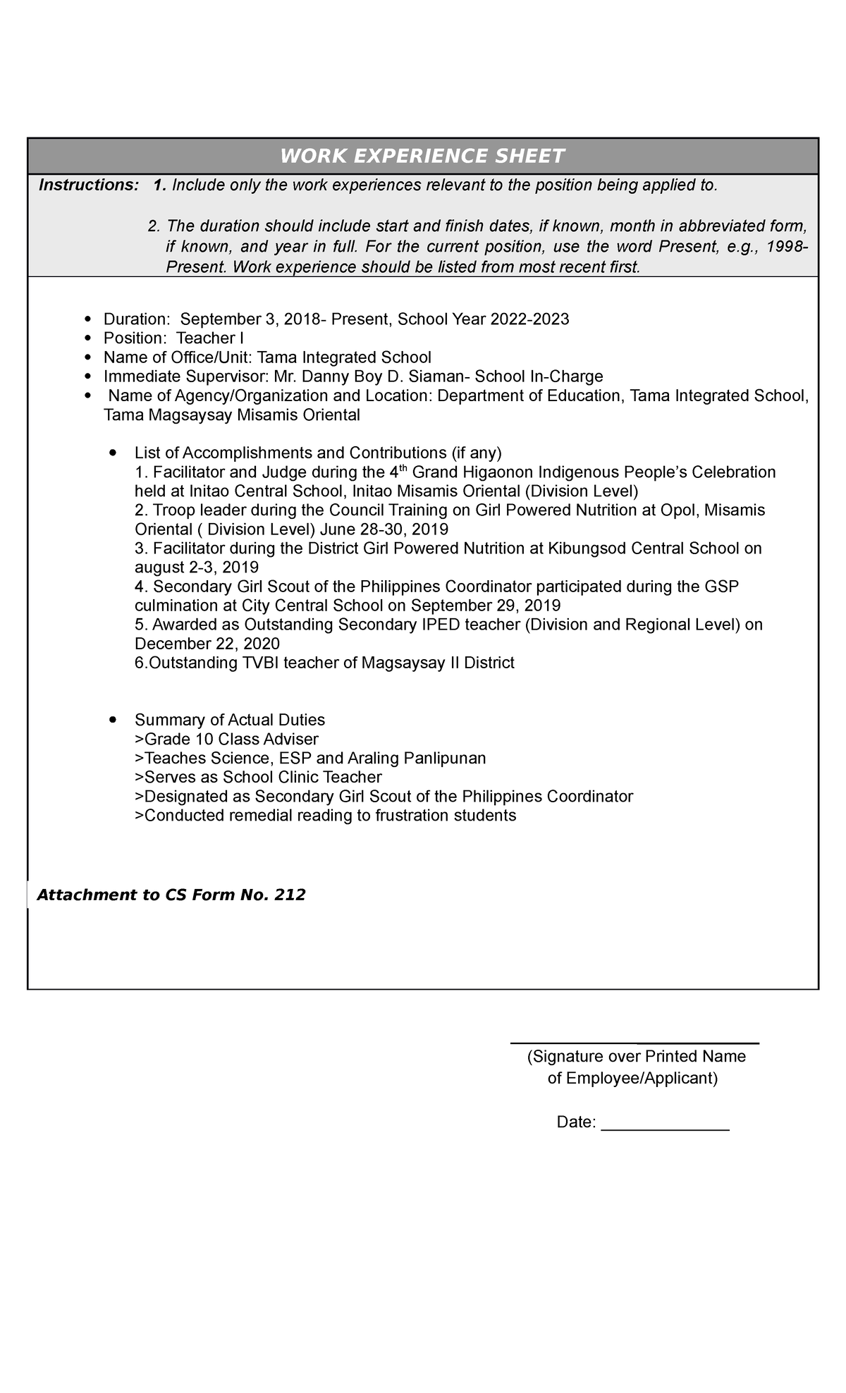 Work experience sheet kim 2023 - WORK EXPERIENCE SHEET Instructions: 1 ...