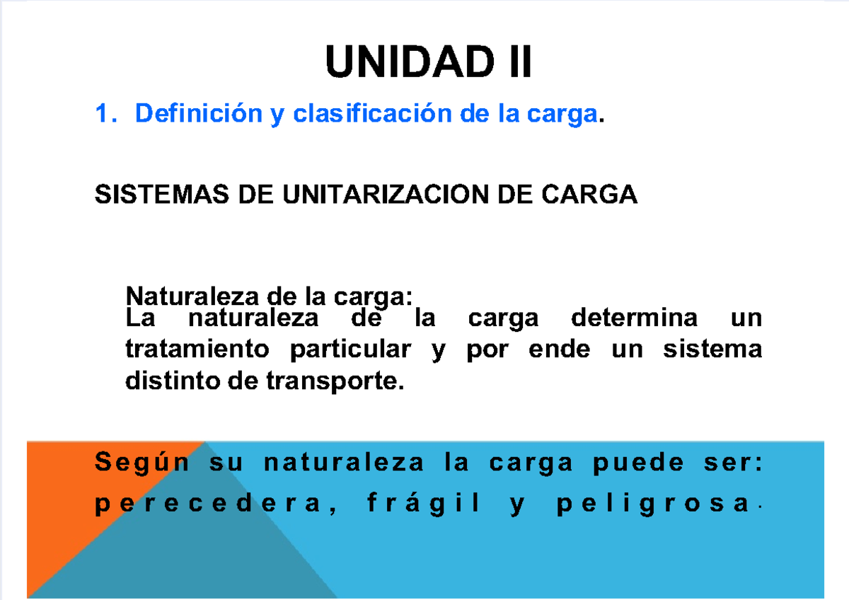 Unitarizacion de carga - UNIDAD II 1. Definición y clasificación de la carga. SISTEMAS DE - Studocu