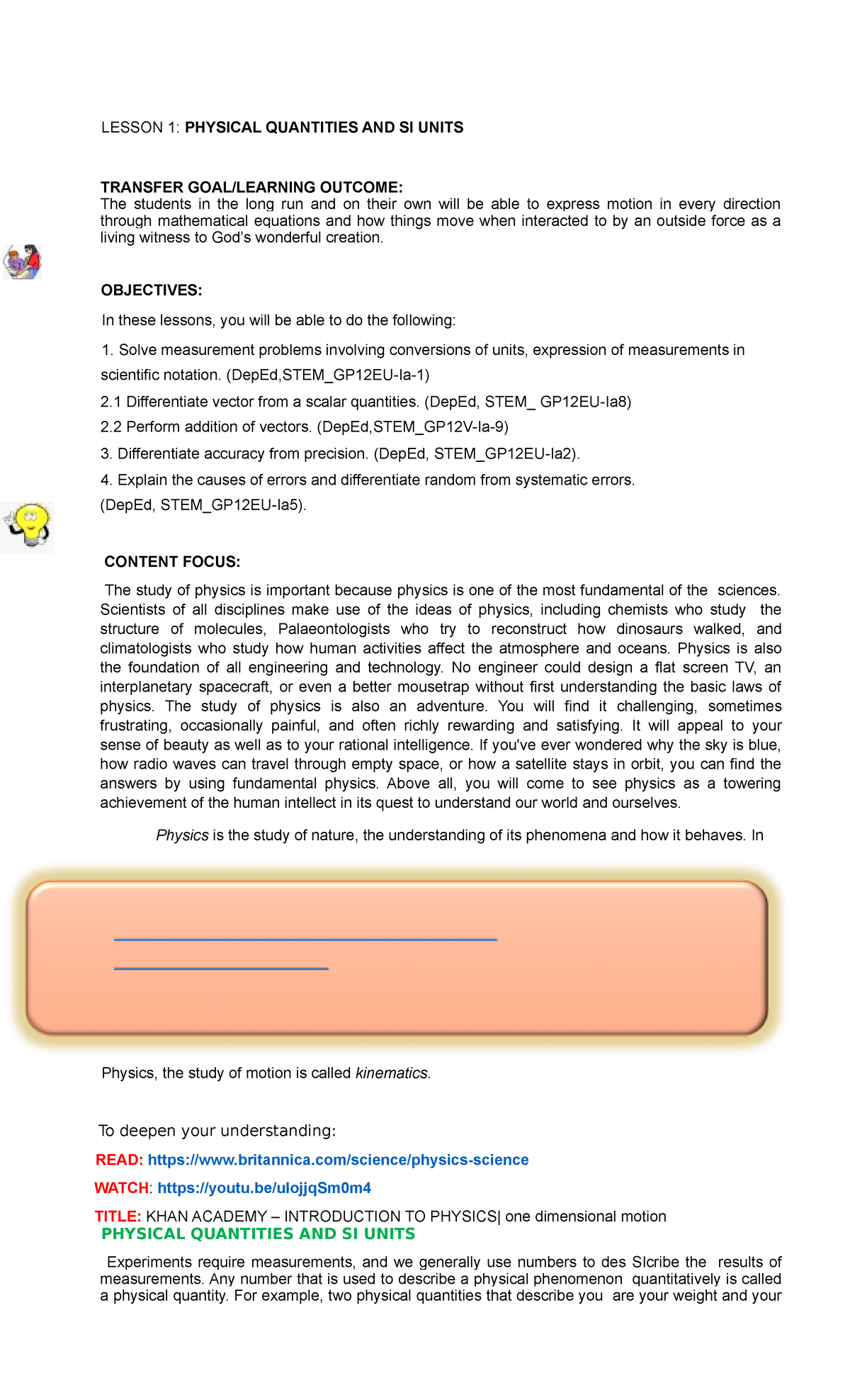 WEEK-123 module - LESSON 1: PHYSICAL QUANTITIES AND SI UNITS TRANSFER ...