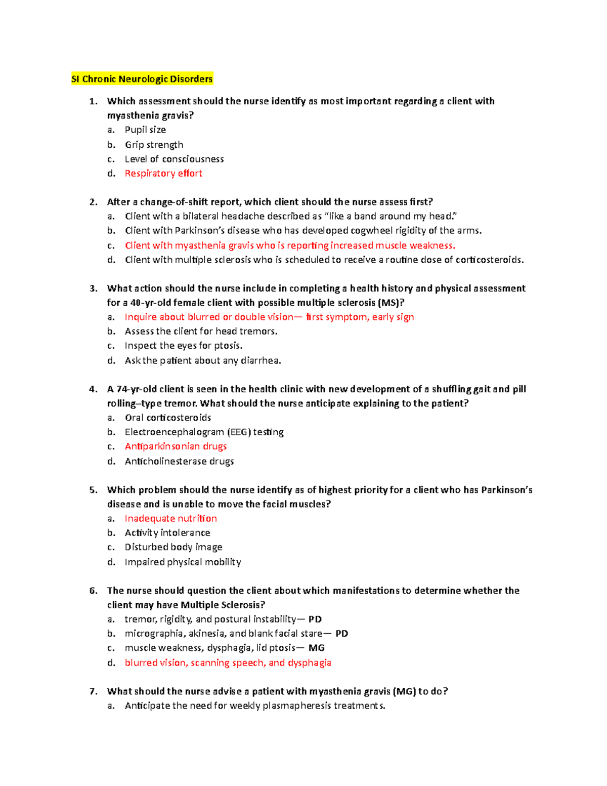 NRS 250 SI Exam 4 - Includes questions on chronic neurologic disorders ...