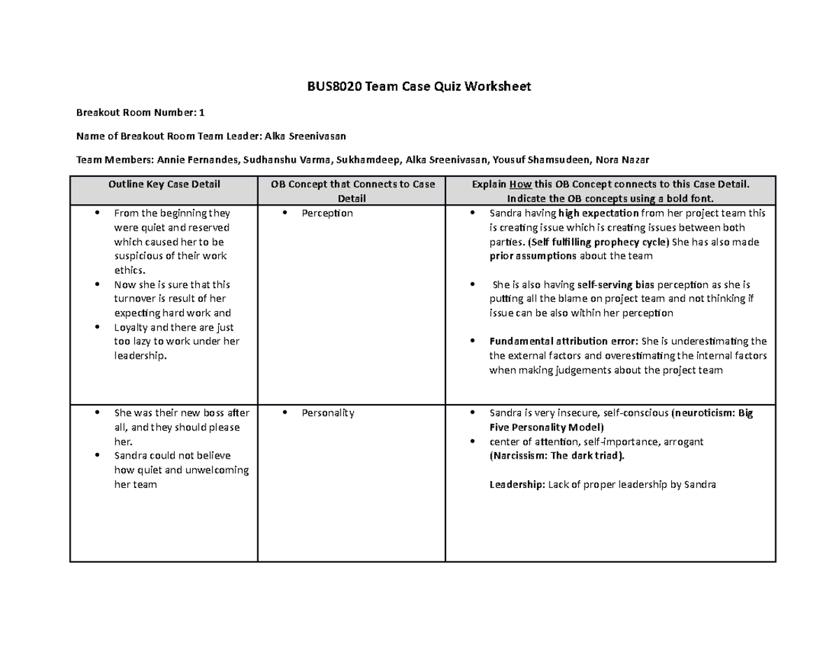 Team Mini Case 1 Worksheet in-class assignment - BUS8020 Team Case Quiz ...