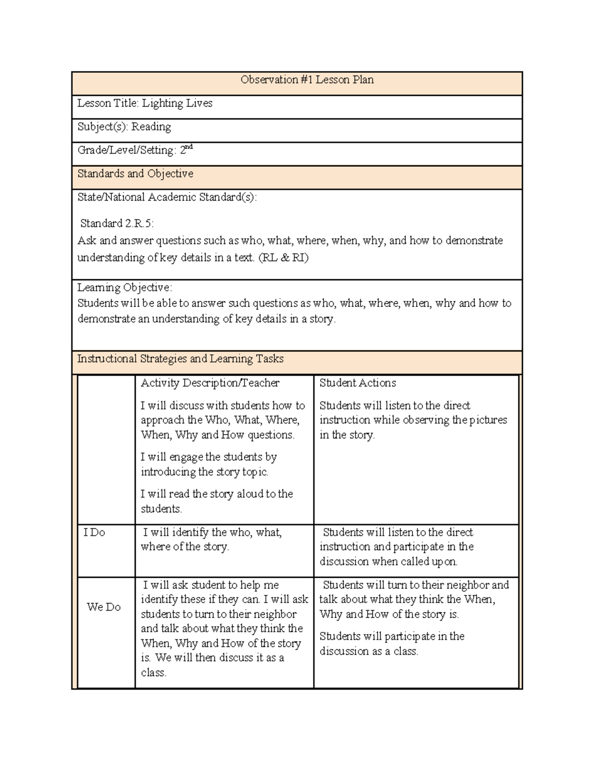 ST #1 Observation lesson Plan - Observation #1 Lesson Plan Lesson Title ...