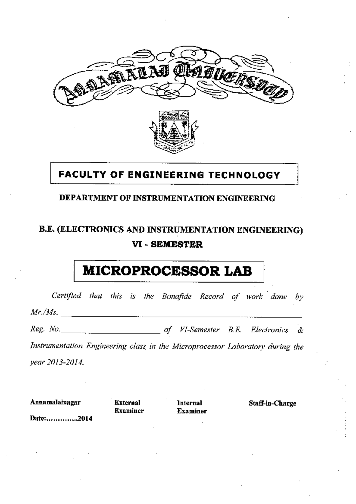 B.E.-VI semester-Microprocessor Lab - in FAITH AND FACULTY OF ENGINEERING TECHNOLOGY DEPARTMENT ...