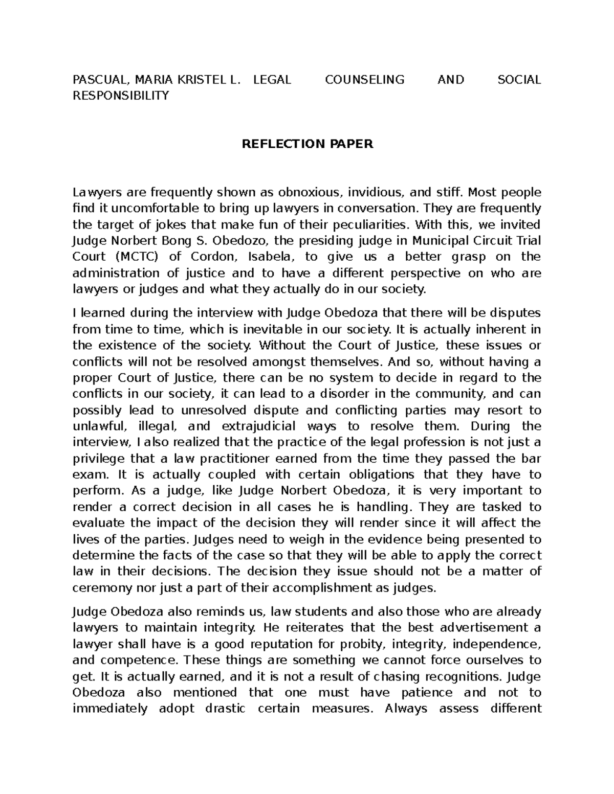 Pascual, Maria Kristel Reflection Paper - PASCUAL, MARIA KRISTEL L ...