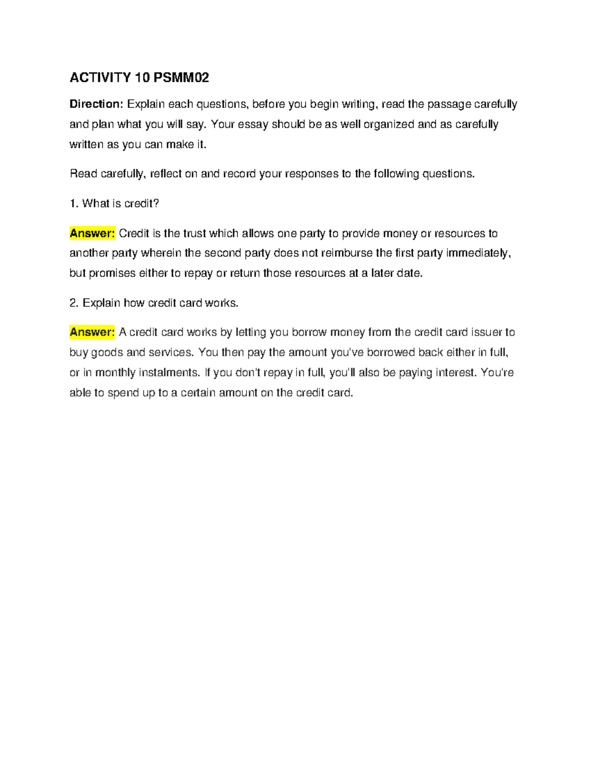 Activity 10 PSMM02 About Credit And How Credit Card Works ACTIVITY