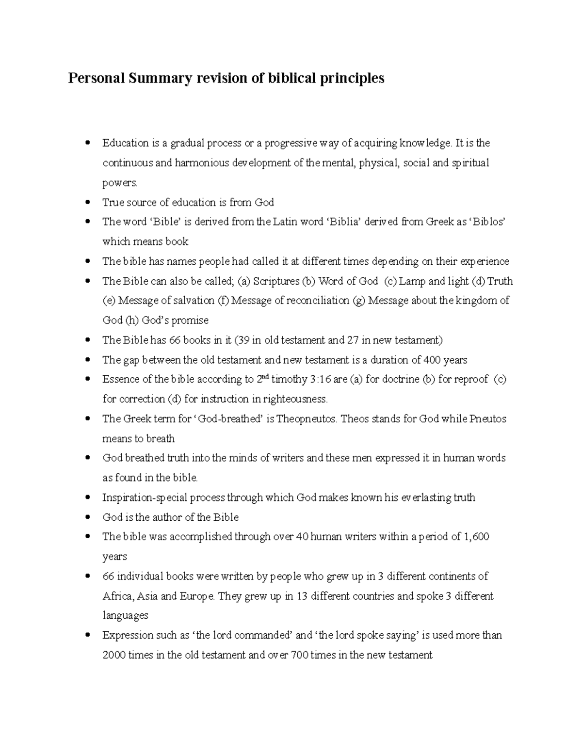 Biblical principles summary - Religion studies - Babcock - Studocu