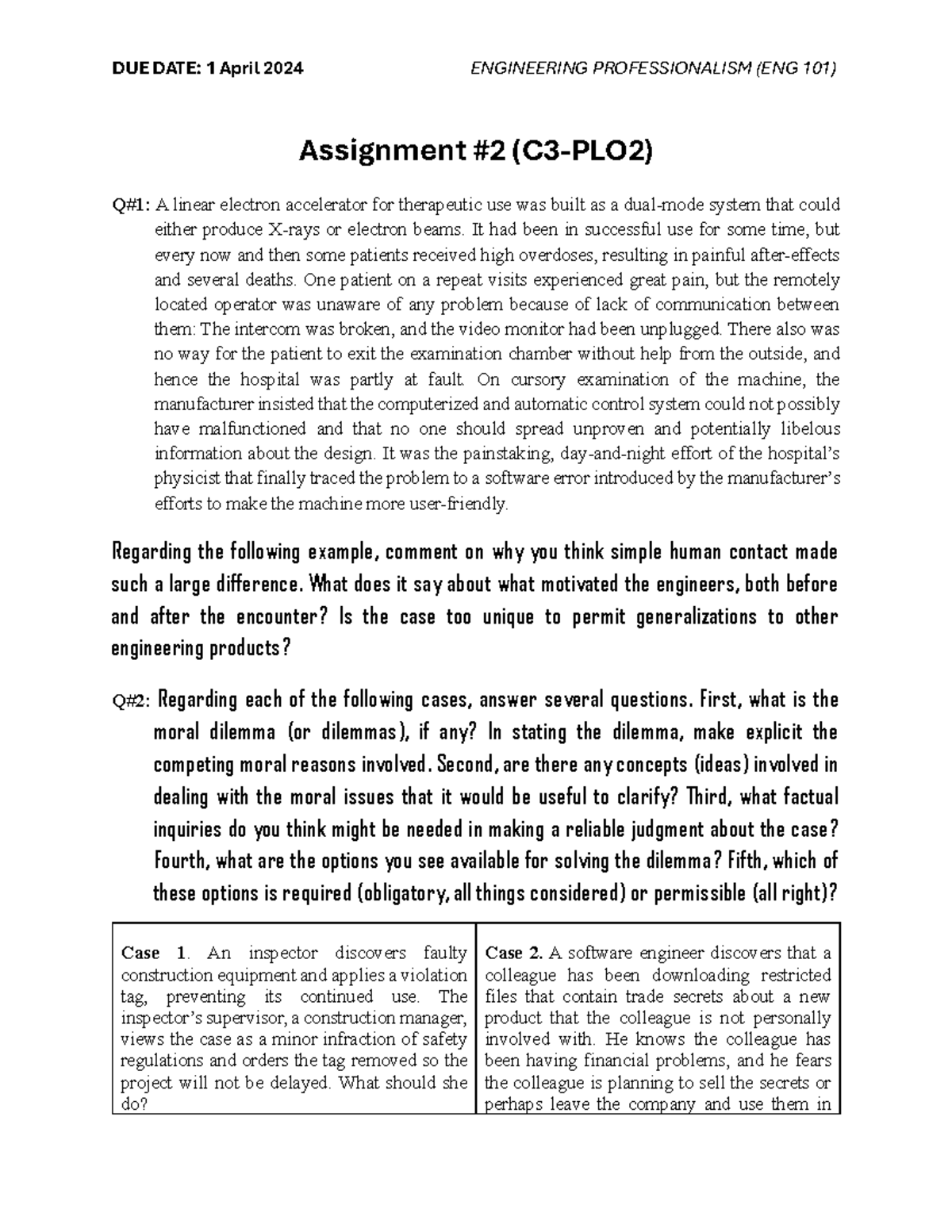Assignment#2 (EPE) - DUE DATE: 1 April 2024 ENGINEERING PROFESSIONALISM ...