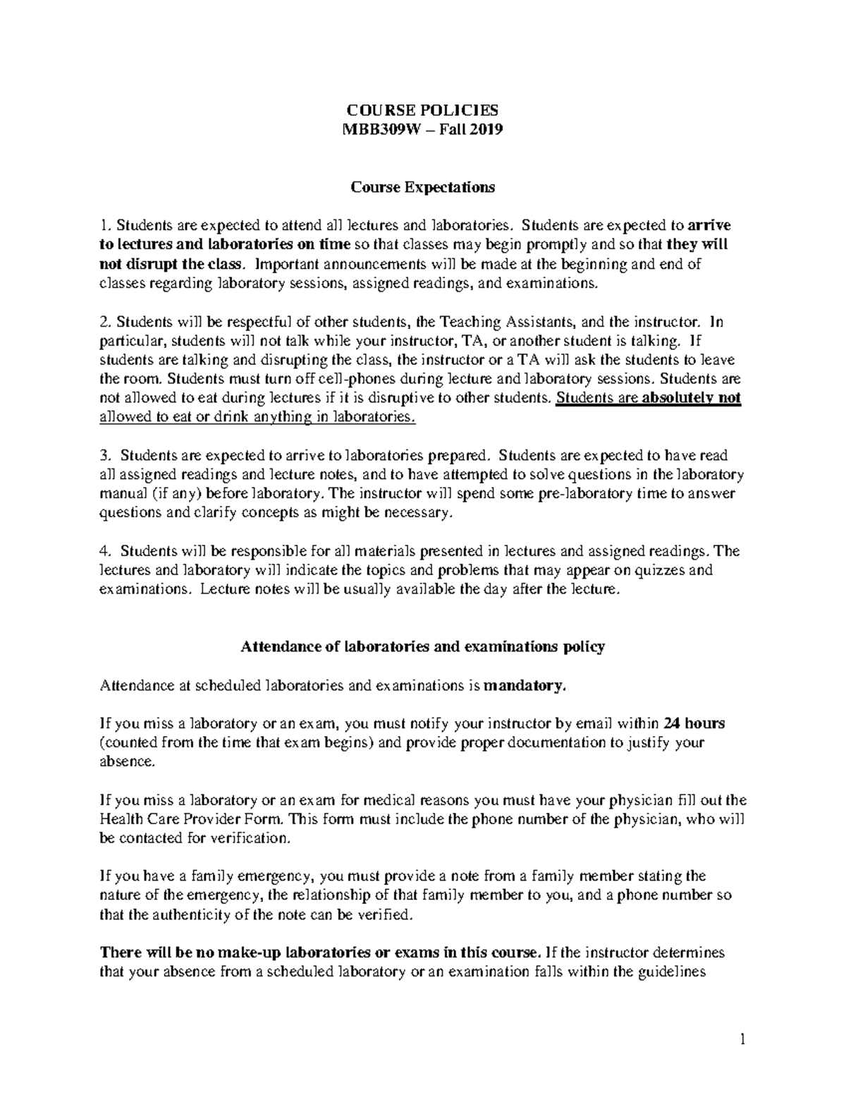 Course policies - Summary Biochemistry Laboratory - 1 COURSE POLICIES ...